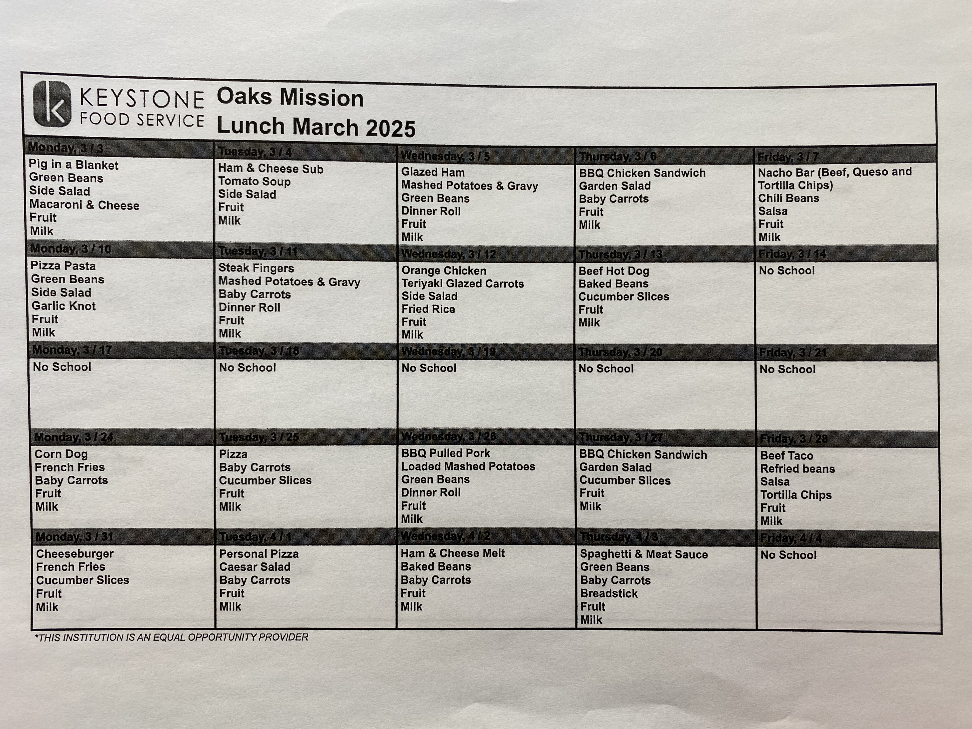Oaks Mission Schools - CAFETERIA MENU